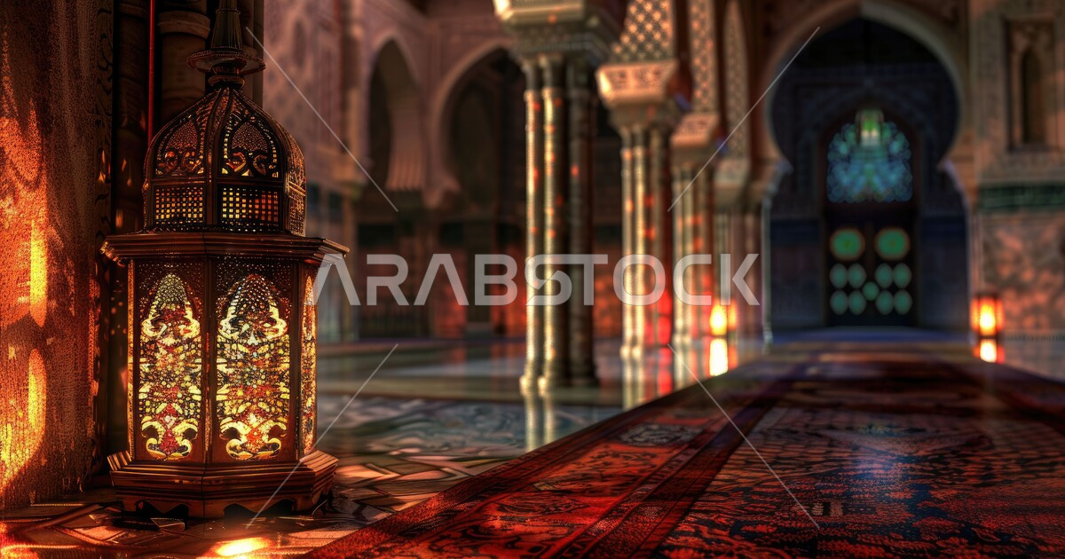 Ornate metal lantern illuminated on the floor in a mosque, traditional ...