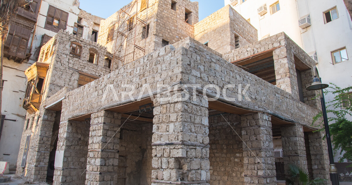 Old stone buildings in the historic city of Jeddah, historic houses in ...
