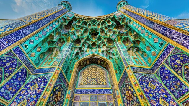 Architectural art of an ancient Arab mosque in blue, designs and ...