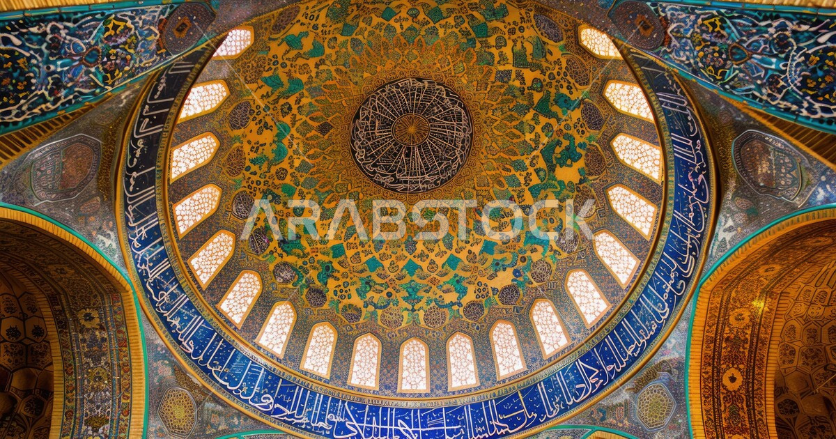 Architectural art of an ancient Arabic mosque in blue and yellow ...