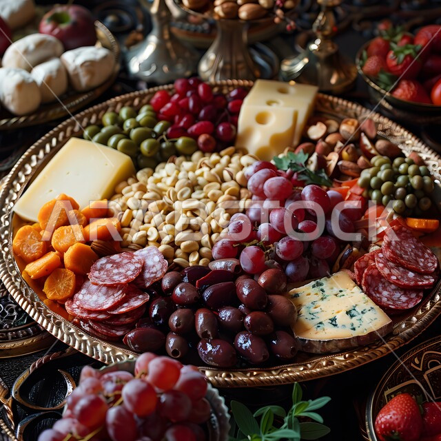 Oriental food recipes, picture of a group of fruits on a golden tray ...