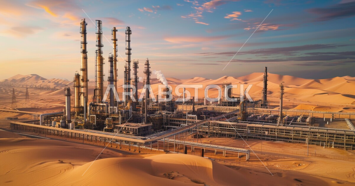 Top view of an oil refinery in the desert of Saudi Arabia, harsh and ...