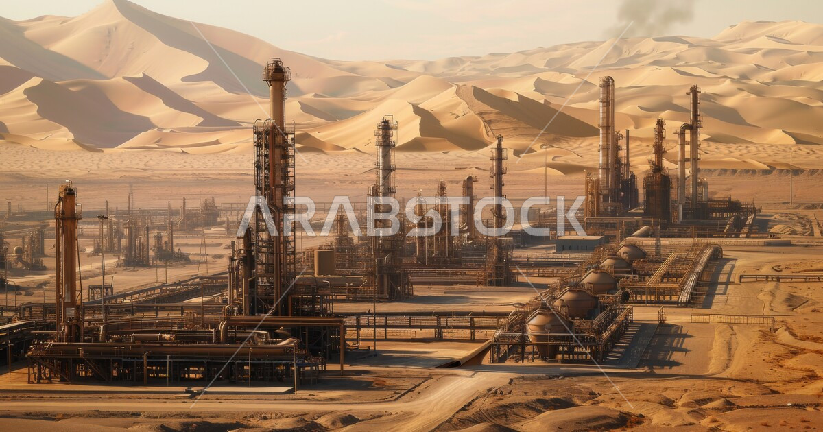 Top view of an oil refinery in the desert of Saudi Arabia, harsh and ...