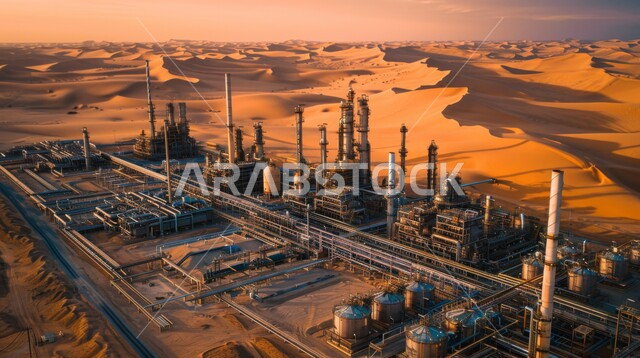 Top view of an oil refinery in the desert of Saudi Arabia, harsh and ...