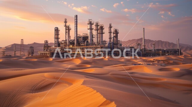 Engineering and urban development of oil refineries, side view of oil ...