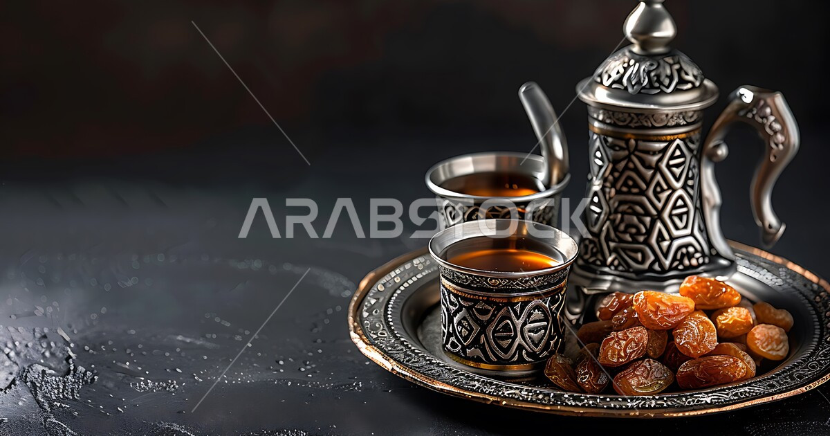 Delicious Ramadan hospitality, delicious healthy nuts and dates, plates ...