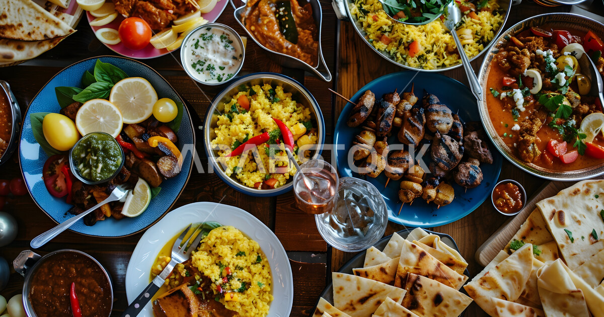 Oriental food recipes, a picture of a table full of distinctive types ...