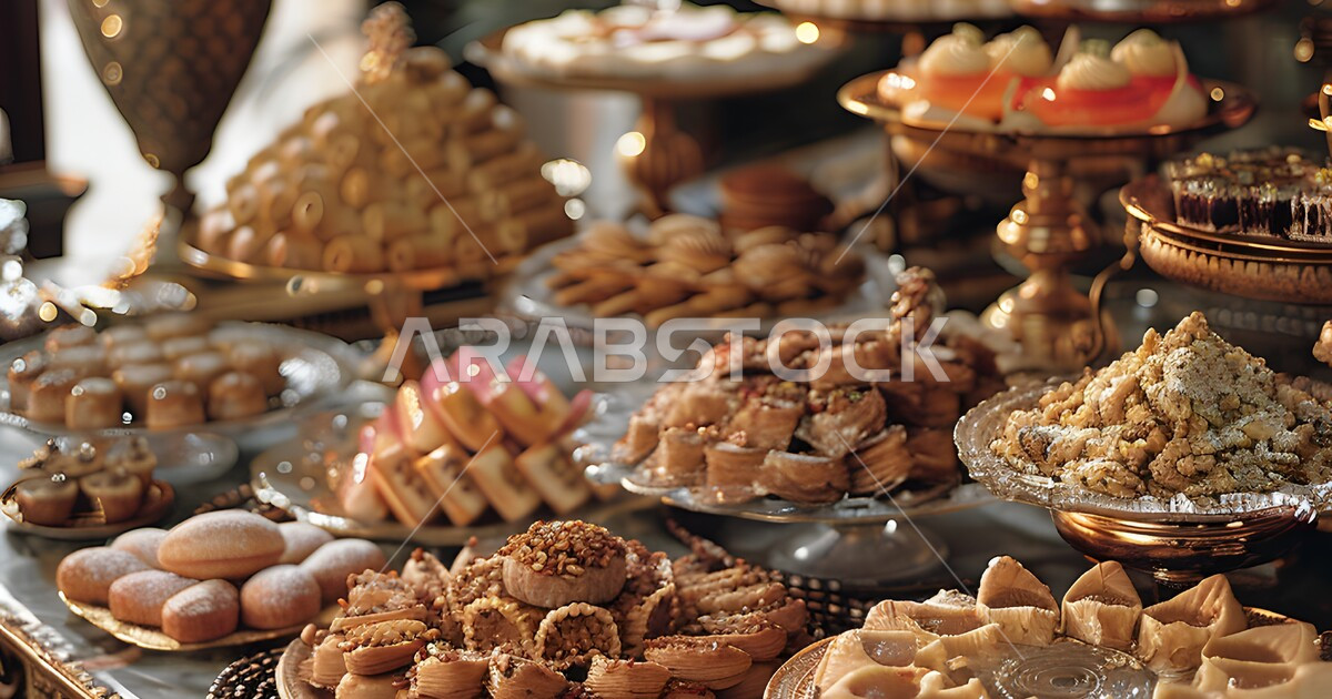 Saudi Eid dessert with pistachios and nuts, various dishes and types of ...