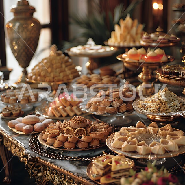 Saudi Eid dessert with pistachios and nuts, various dishes and types of ...