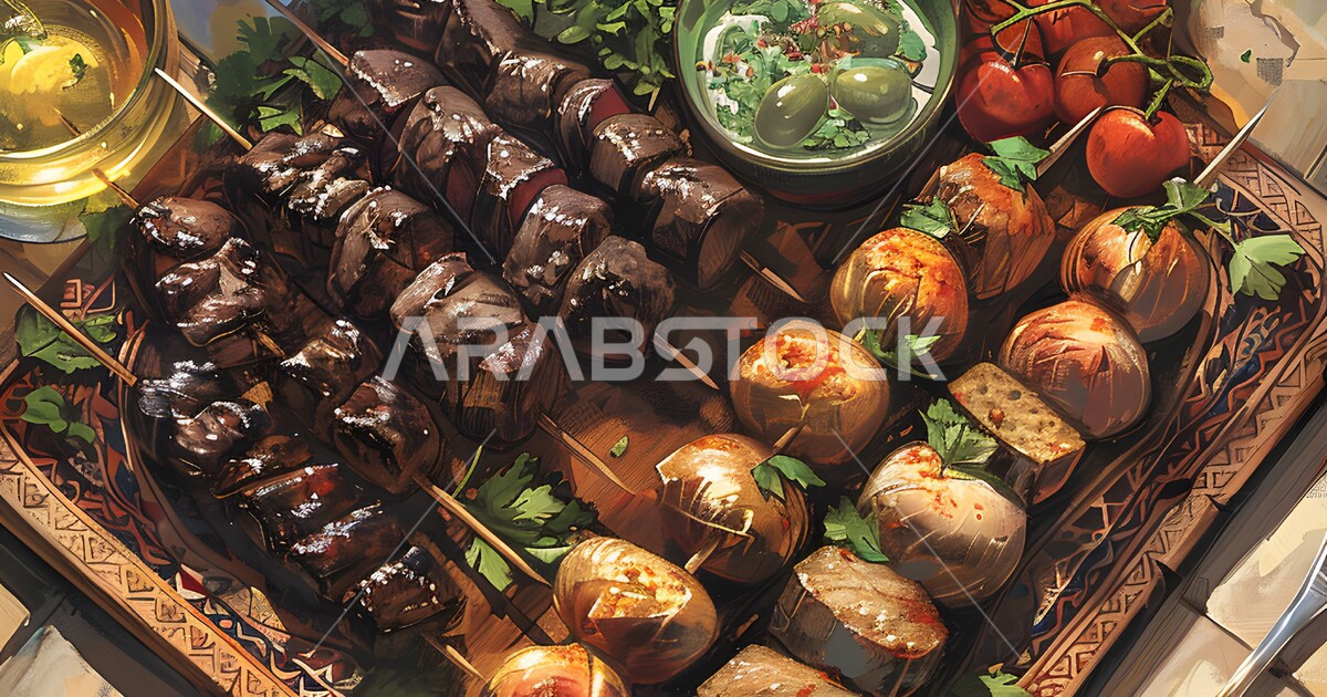 A table full of grilled meats, a table decorated with a variety of ...