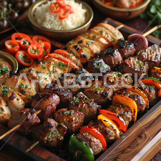 A table full of grilled meats, a table decorated with a variety of ...