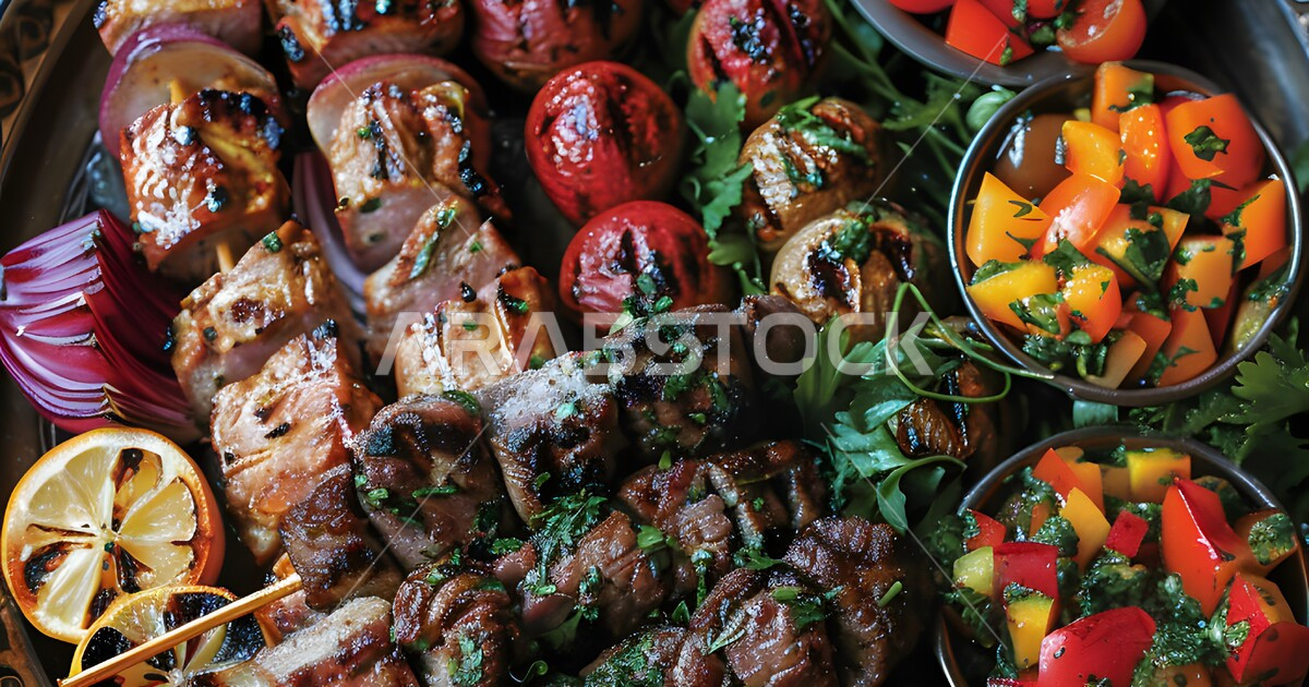 The art of serving delicious oriental foods, a table full of grilled ...