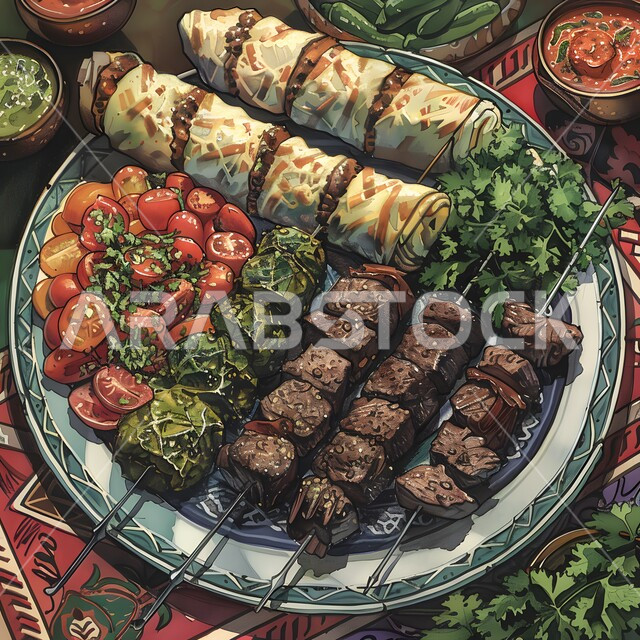 Oriental food recipes, picture of a luxurious set of grilled food on a ...
