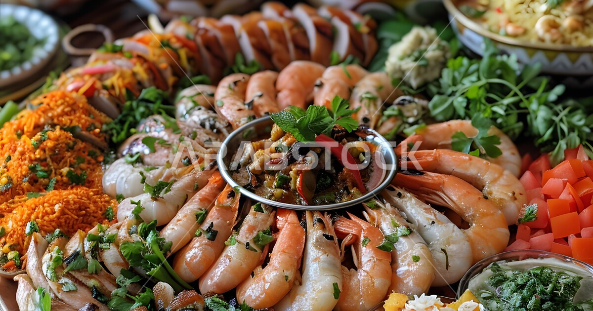 Oriental food recipes, picture of a luxurious set of grilled food on a ...