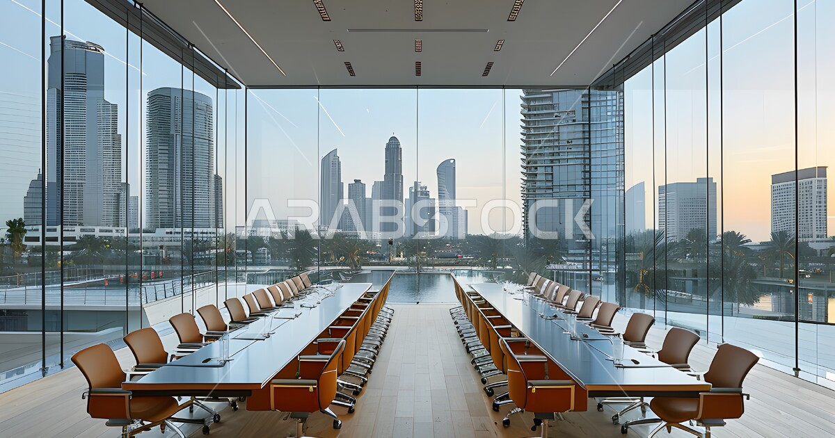 Spacious meeting room with table surrounded by chairs, office rooms ...