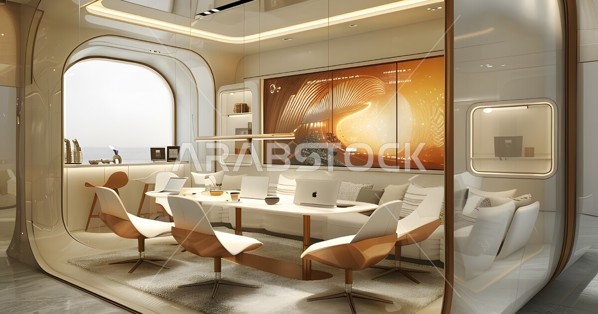 Spacious meeting room with table surrounded by chairs, office rooms ...