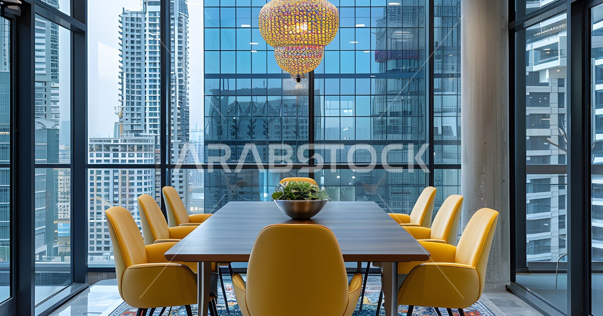 Spacious meeting room with table surrounded by chairs, office rooms ...