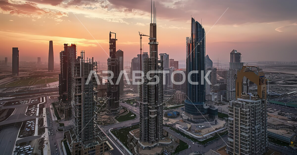 Future imaginary view of towers, construction, contracting and real ...