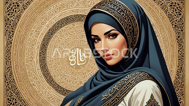 Close up of a woman in traditional blue clothing standing in an ancient ...