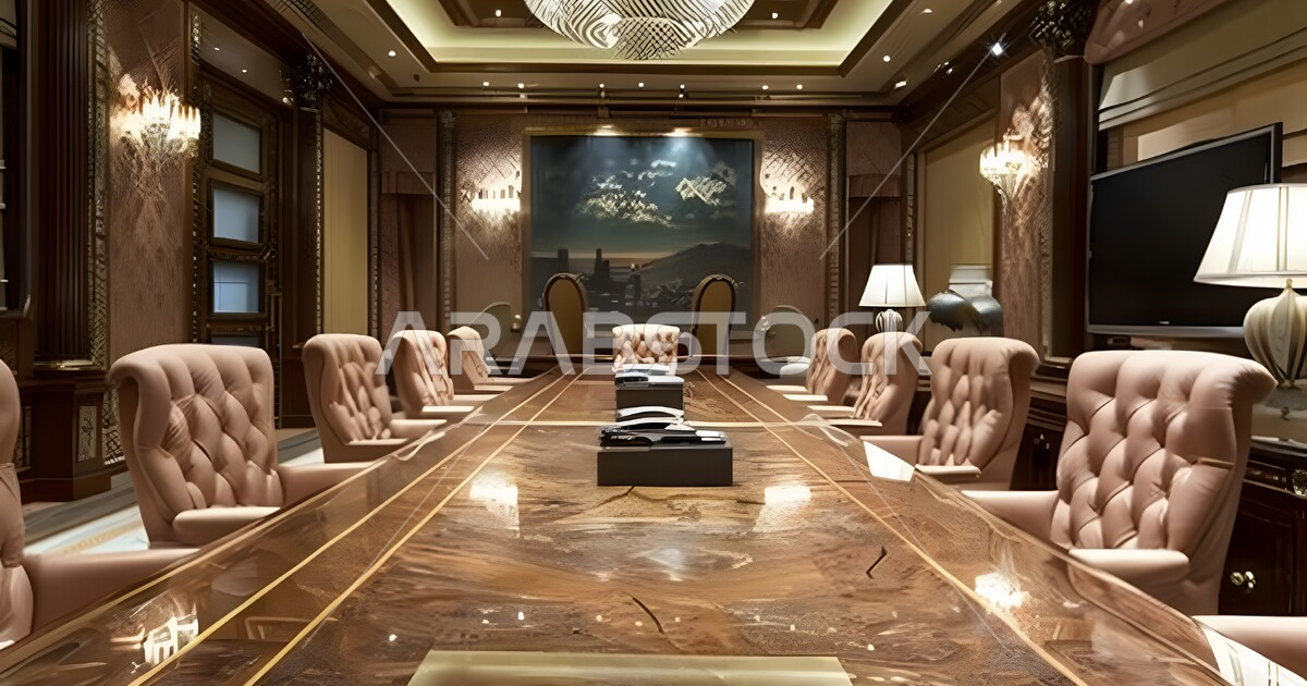 Office rooms with luxurious interior designs and decorations, windows ...