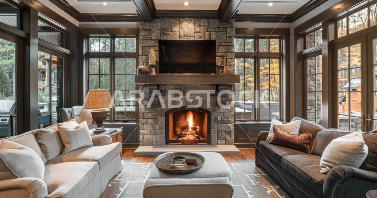 Modern contemporary designs, living room with large glass facades ...