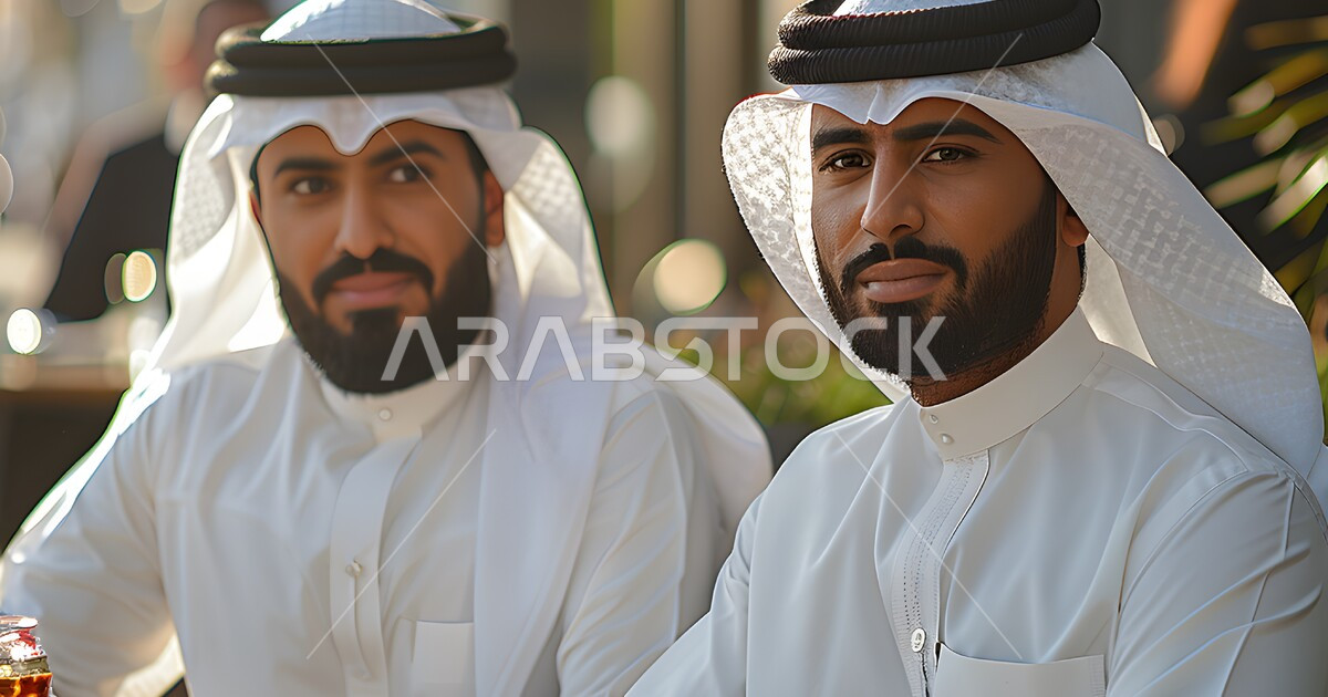 Spending fun times with friends, a close-up of two Emirati Arab men ...