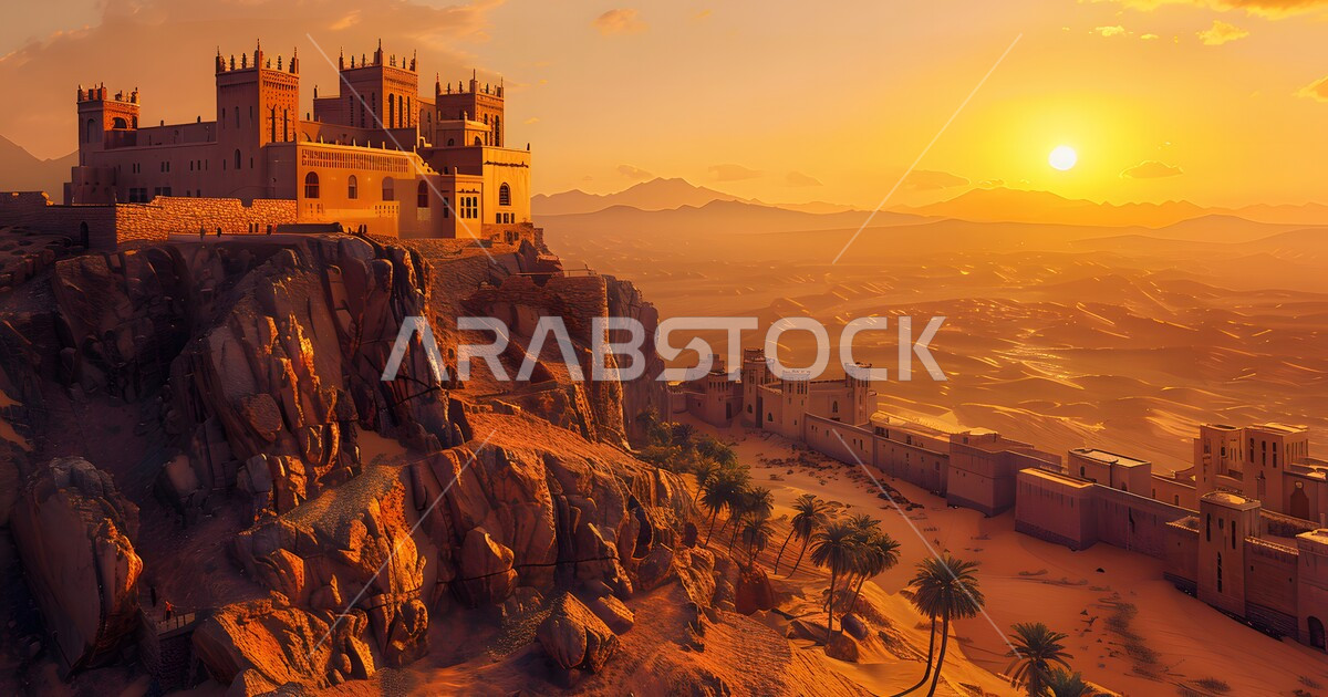 An old castle in the middle of the sands in the Kingdom of Saudi Arabia ...