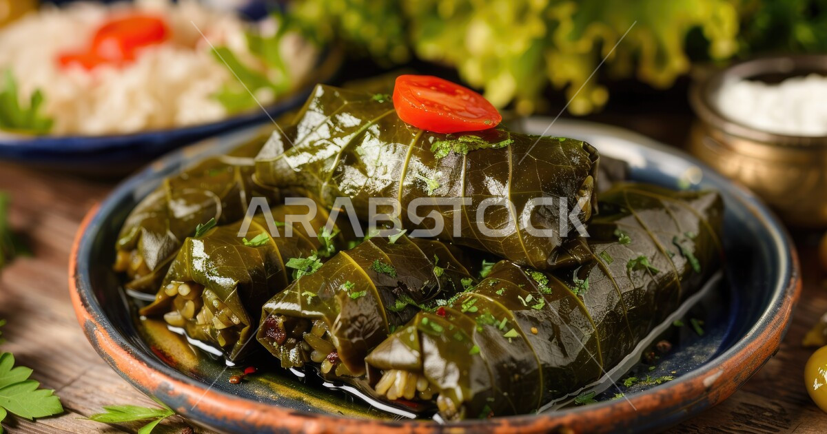 Cold appetizers and appetizers, close-up of a plate of stuffed grape ...
