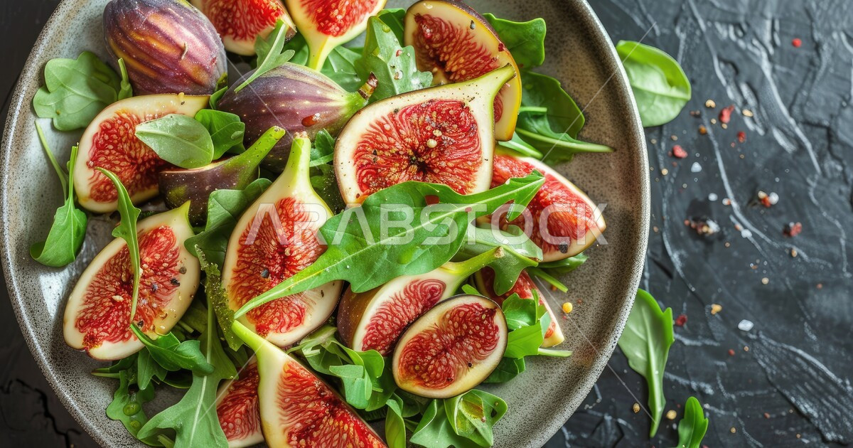 A plate of fresh cut figs with mint leaves, artistic methods of food ...