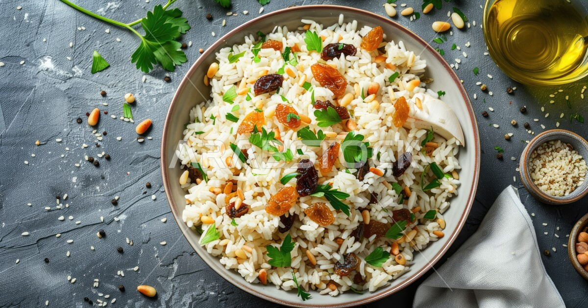 Traditional Arabic food and dishes, top view of a plate of cooked rice ...