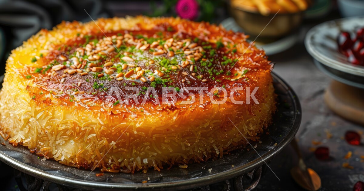 A plate of Kunafa decorated with pistachios, local national products ...