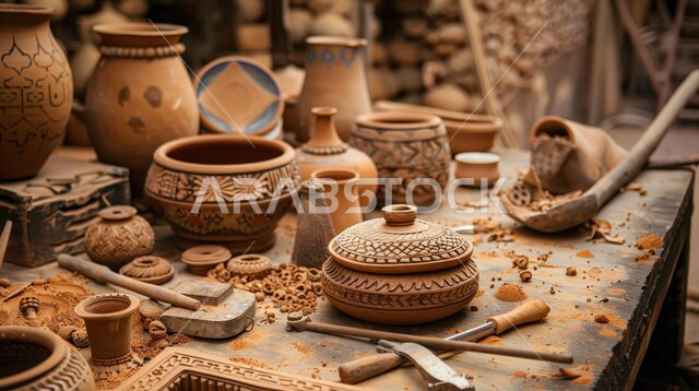 Pottery shop in a traditional popular market in Saudi Arabia, clay ...