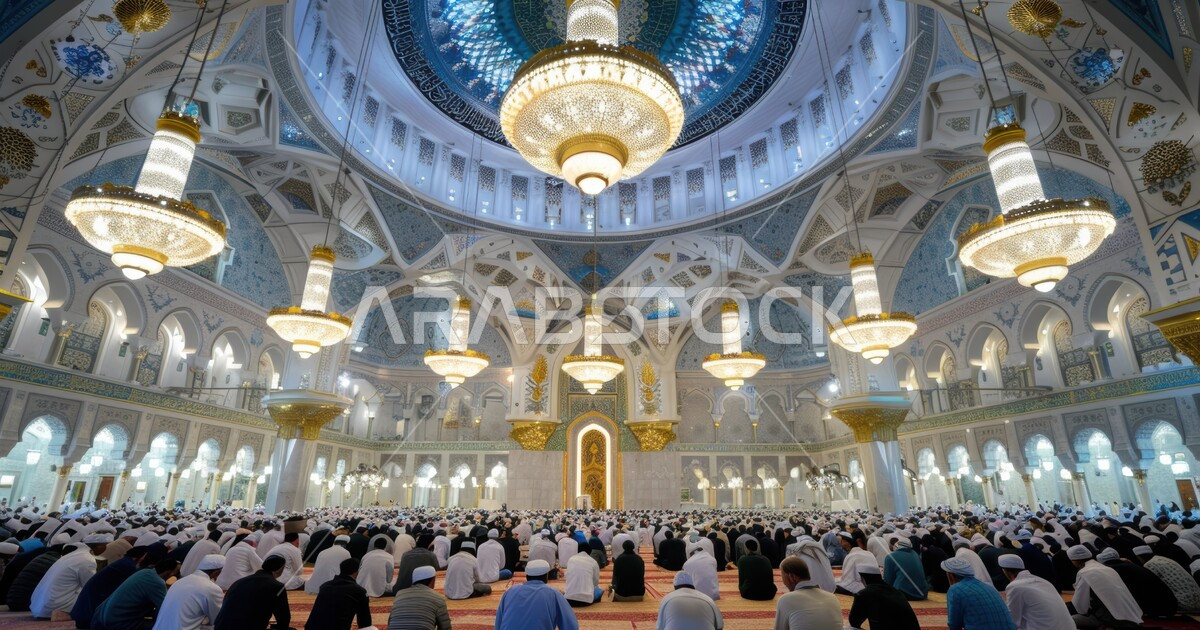 Performing the obligatory prayer in the mosque, a group of Muslim ...