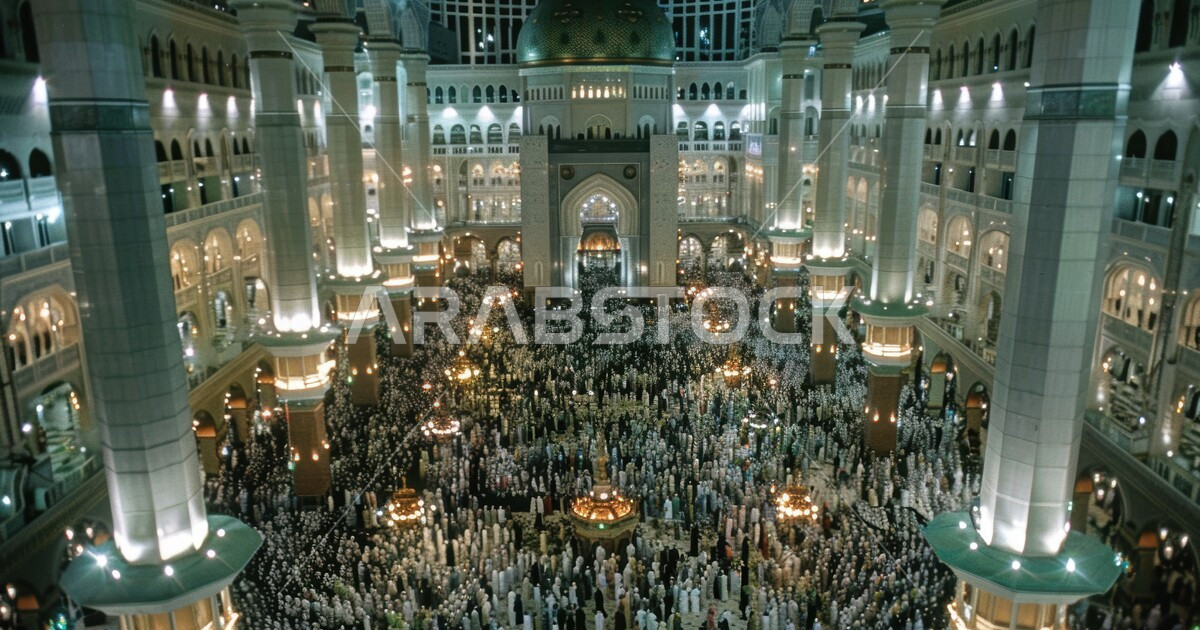 Performing the obligatory prayer in the mosque, a top view of a group ...