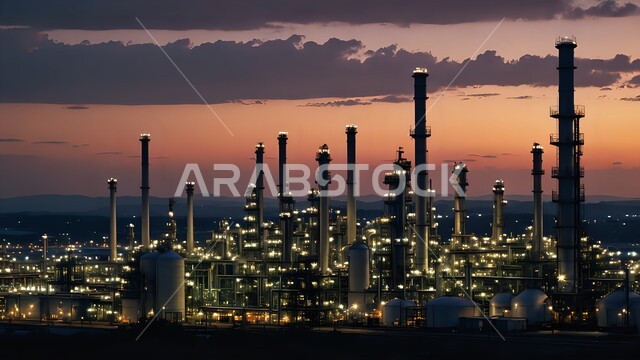 Factories and plants in Saudi Arabia at sunset, industrial engineering ...