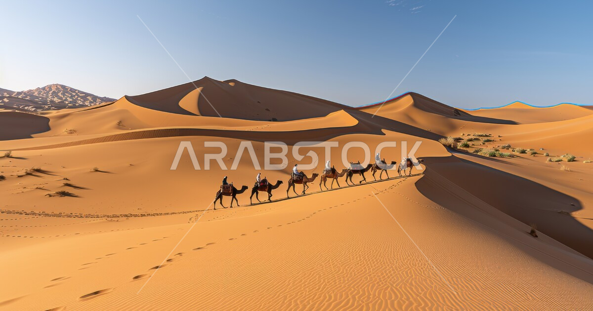 A caravan of camels walking in the desert, golden sand formations in ...