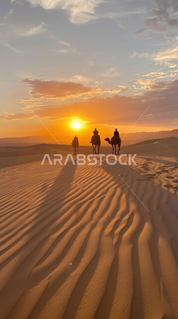Purebred camels moving on the sand dunes in the deserts of Saudi Arabia ...