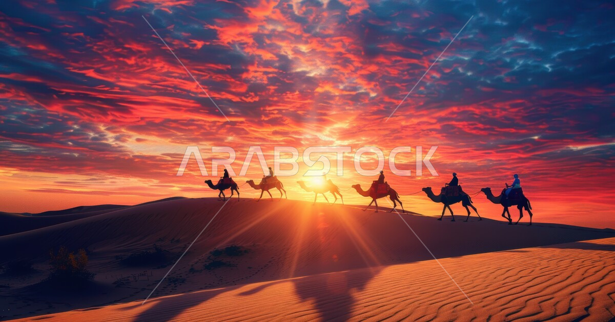 A caravan of camels walking in the desert, golden sand formations in the Arabian Gulf, camel ...