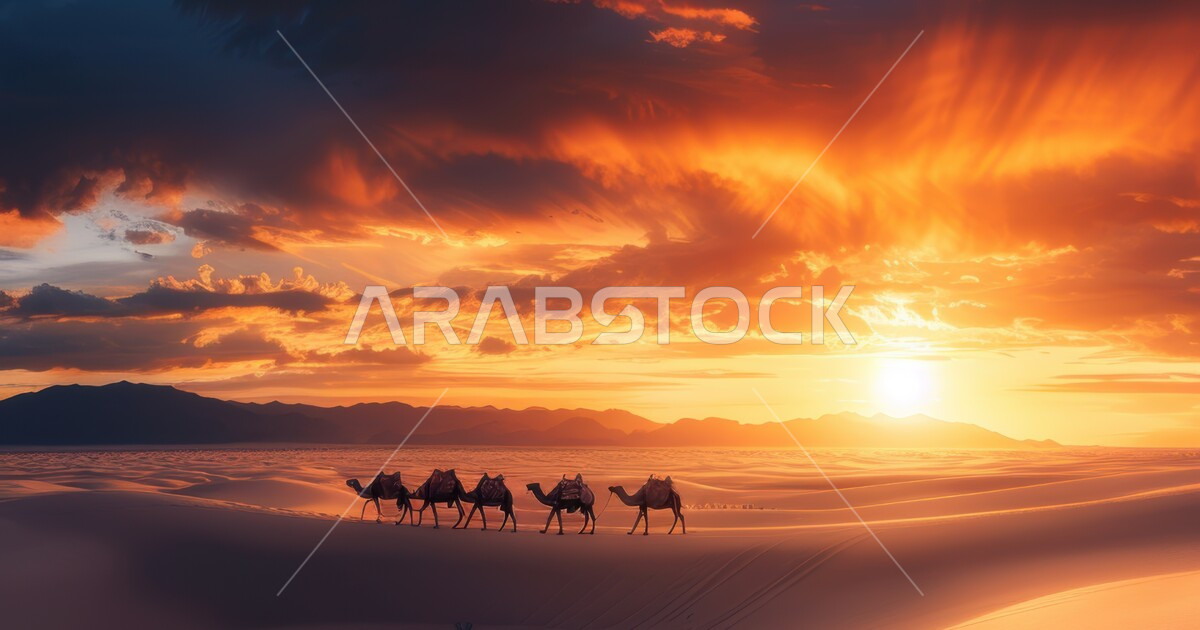 Purebred camels moving on the sand dunes in the deserts of Saudi Arabia ...