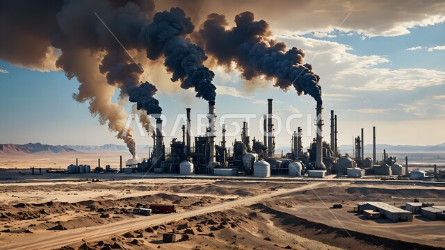 Oil refinery on soft golden sands, harsh and dry climate, huge and ...
