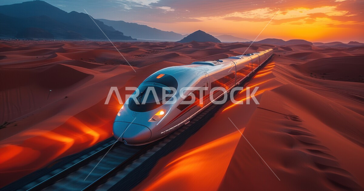 High-speed train travels through the desert, famous places and tourist ...