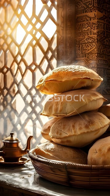 A pile of fresh hot Arabic bread with a teapot near a carved window, a ...