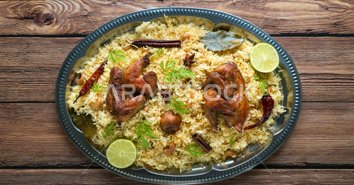 A plate of Mandi rice with grilled chicken pieces, delicious food ...
