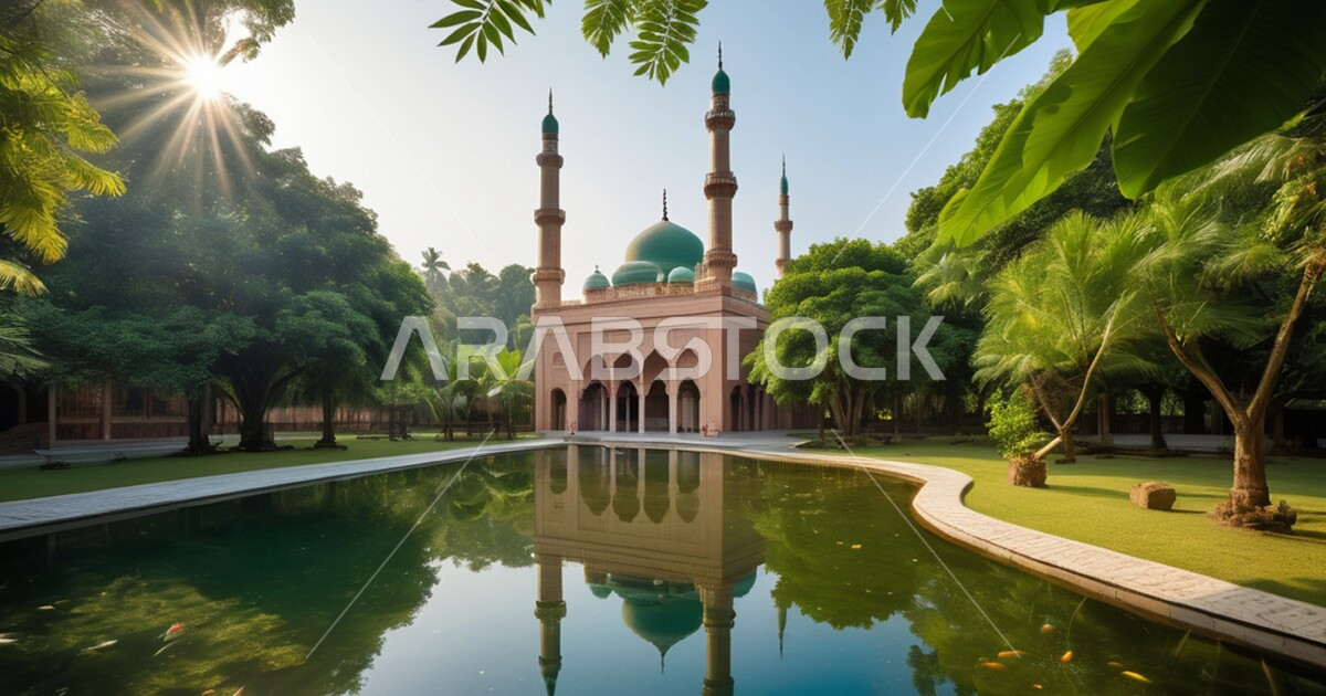 Reflection of the mosque model on the surface of the water, building ...