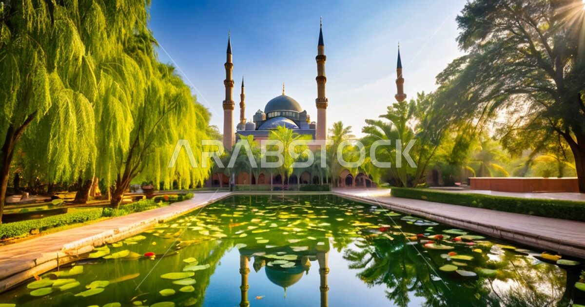 Reflection of the mosque model on the surface of the water, building ...
