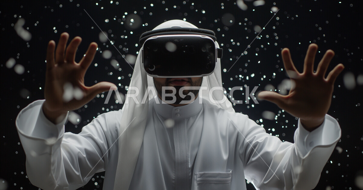 Interacting and merging with virtual reality, trying to touch imaginary ...