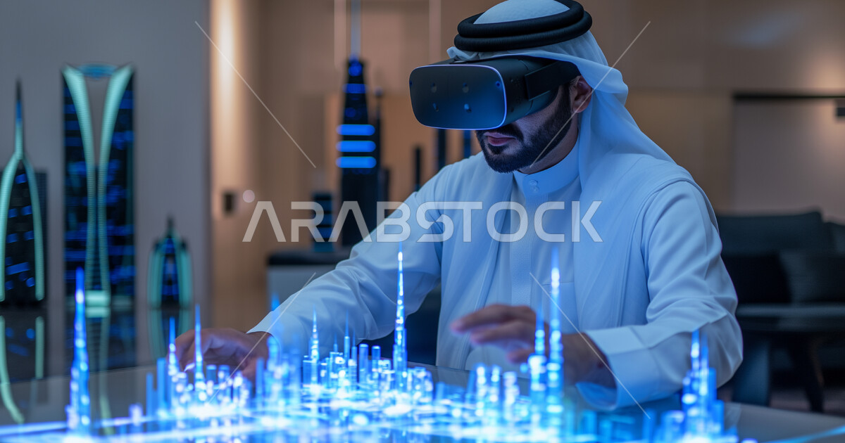 Saudi Vision 2030, interacting with virtual engineering, close-up of a ...