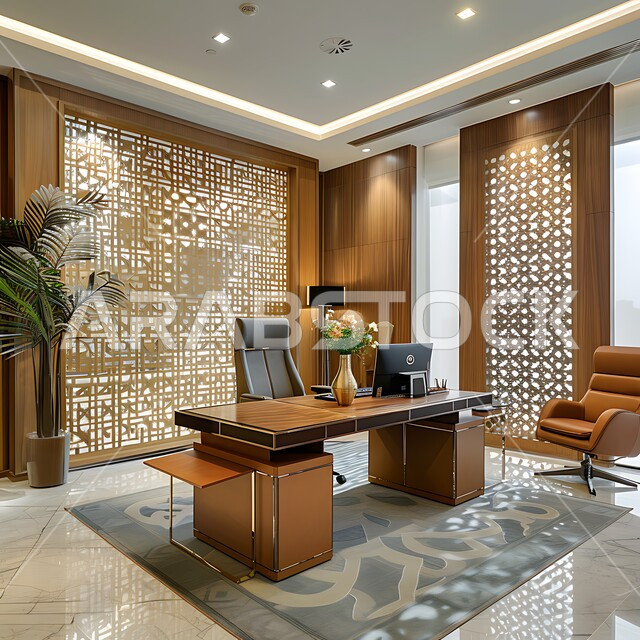 Office interior design with walls and furniture decorated with ...