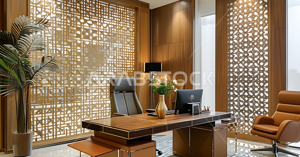 Office interior design with walls and furniture decorated with ...