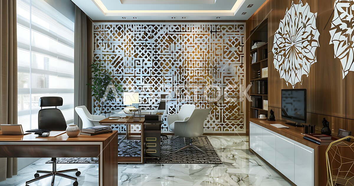 Office interior design with walls and furniture decorated with ...